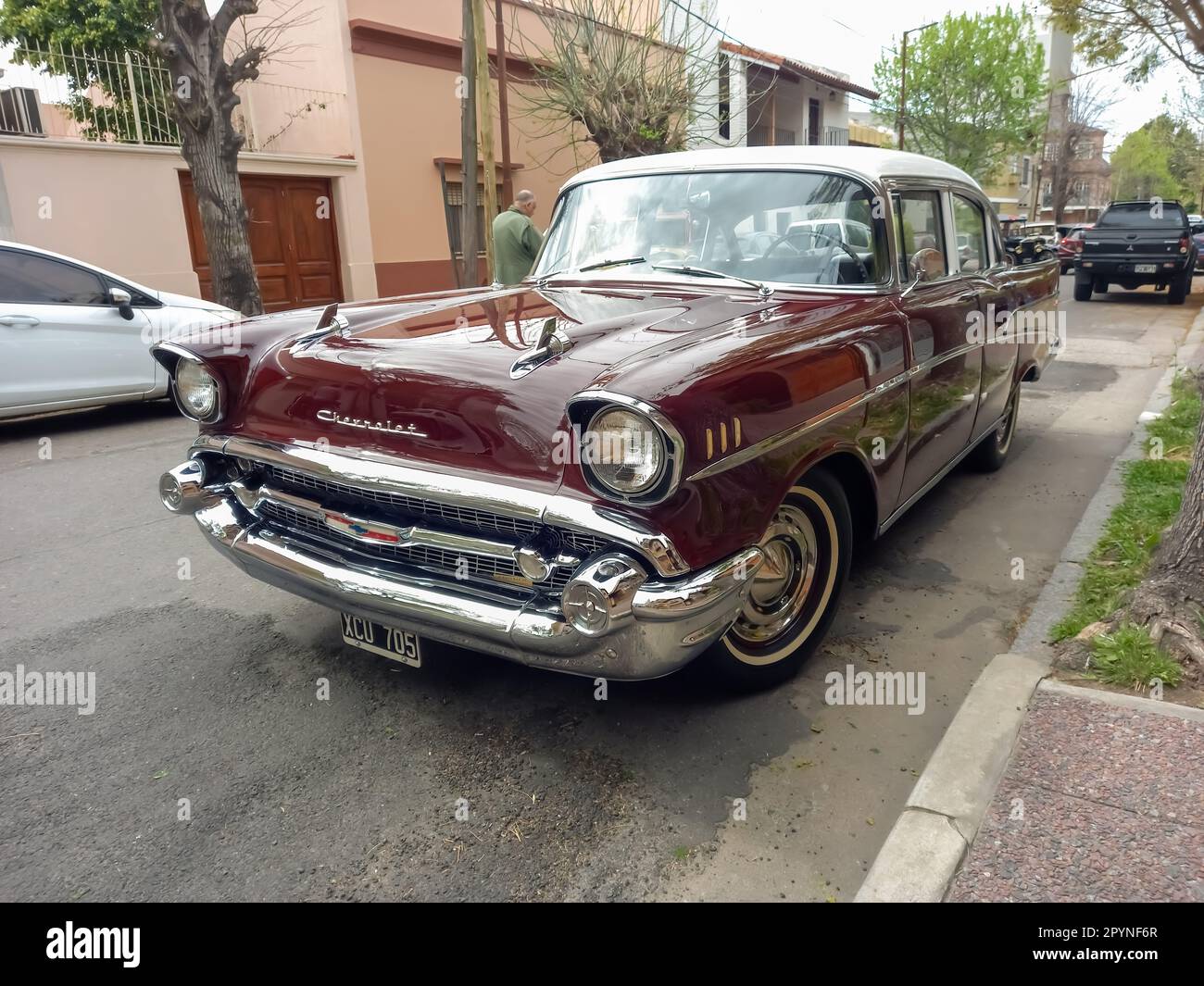 Bernal, Argentina Old red burgundy 1957 Chevrolet Chevy Bel Air sport ...