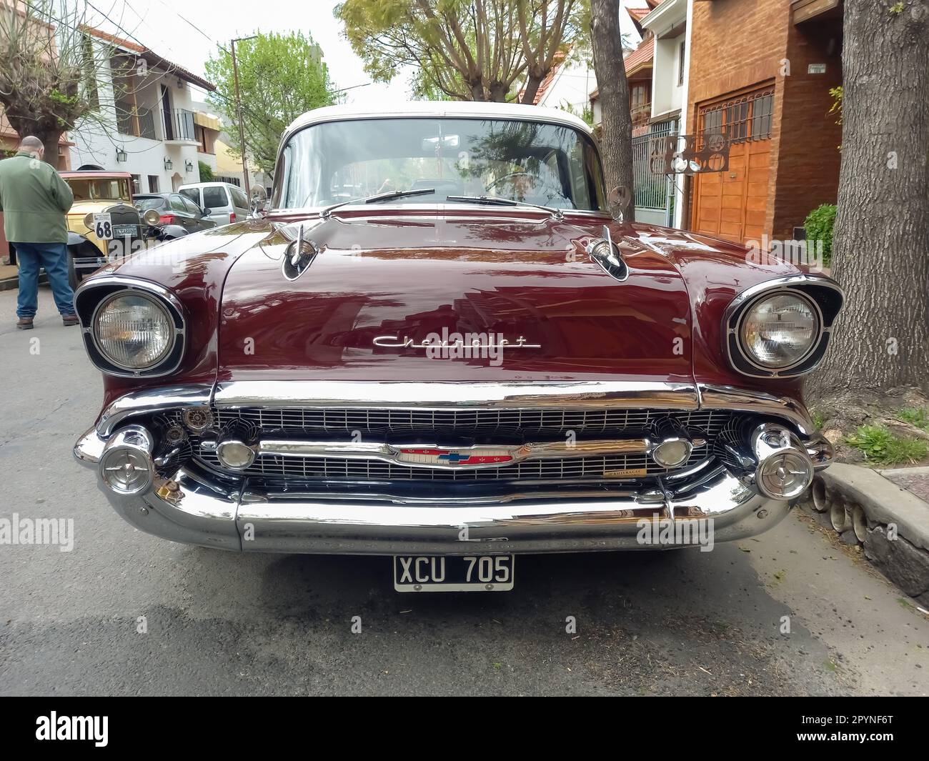 Bernal, Argentina Old red burgundy 1957 Chevrolet Chevy Bel Air sport ...
