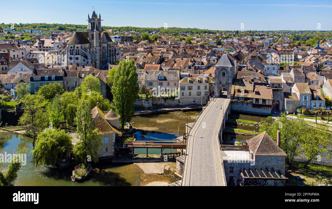Aerial view of the medieval town of Moret-sur-Loing in Seine et Marne ...