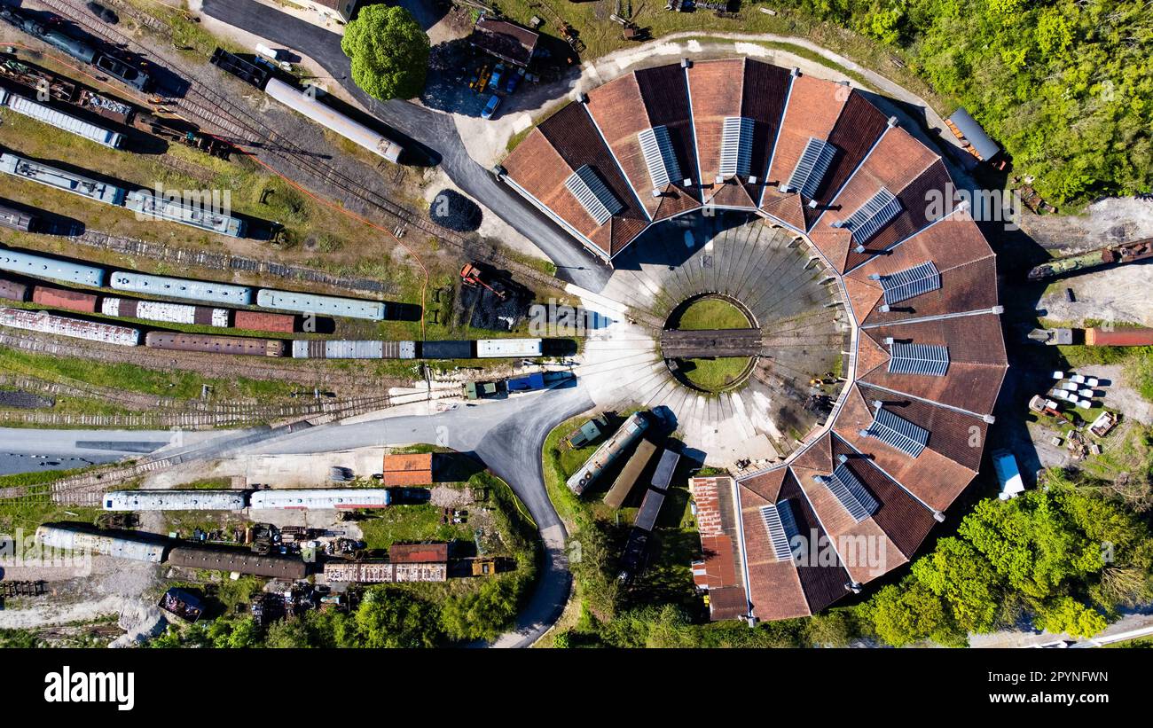 Aerial view of the railway roundhouse of Longueville in Seine et Marne ...