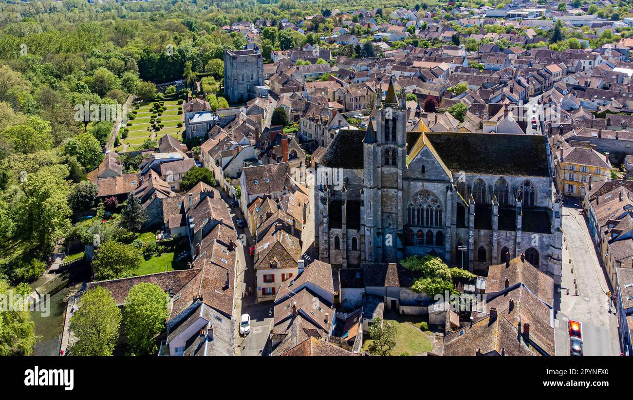 Aerial view of the medieval town of Moret-sur-Loing in Seine et Marne ...