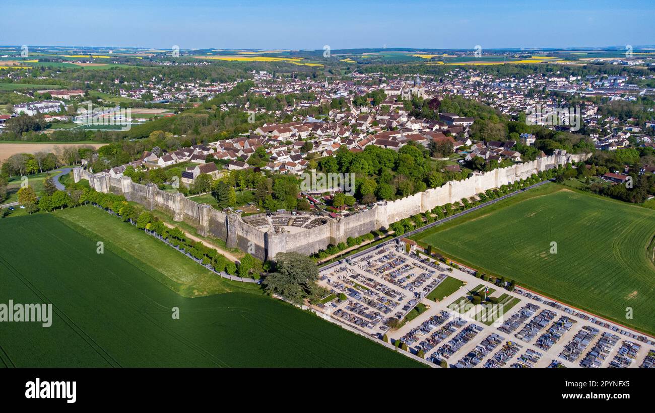 Aerial view of the fortified walls of Provins, a medieval city that ...