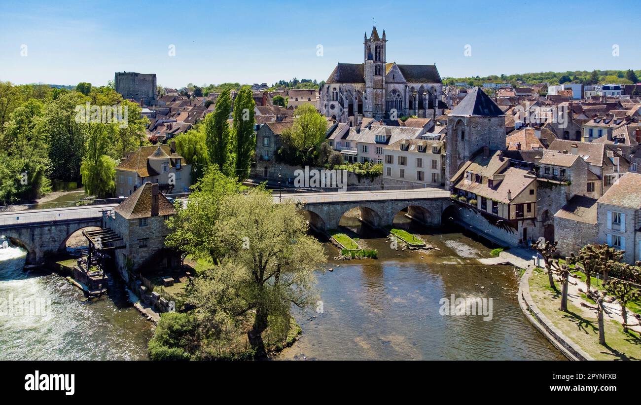 Aerial view of the medieval town of Moret-sur-Loing in Seine et Marne ...