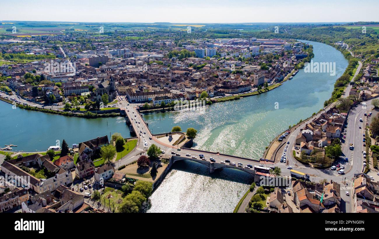 Aerial view of the confluence between the Seine and the Yonne showing ...