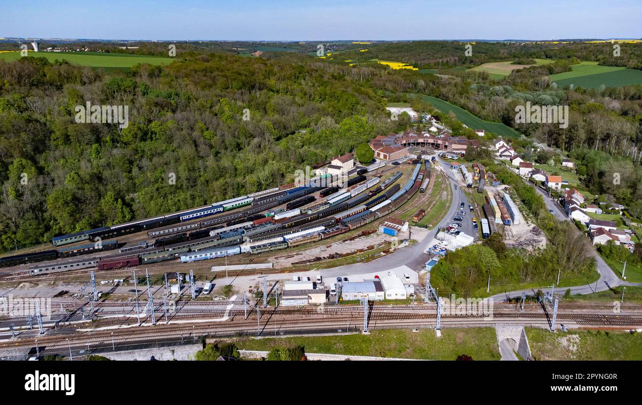 Aerial view of the railway roundhouse of Longueville in Seine et Marne ...