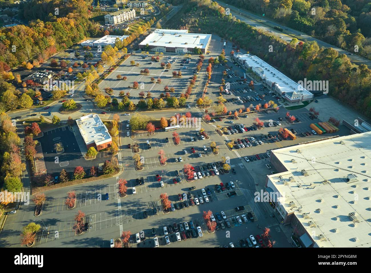 View from above of american grocery store with many parked cars on ...