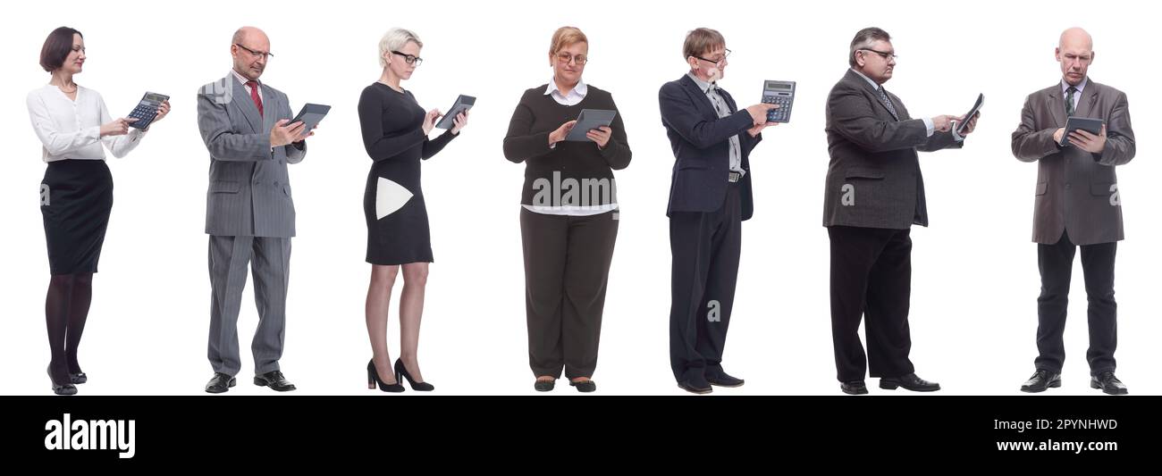 collage group of successful financiers with calculator isolated Stock ...