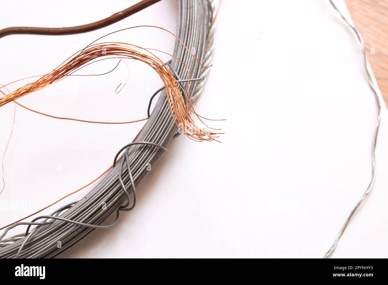 Large coil of wire on the table close up Stock Photo - Alamy