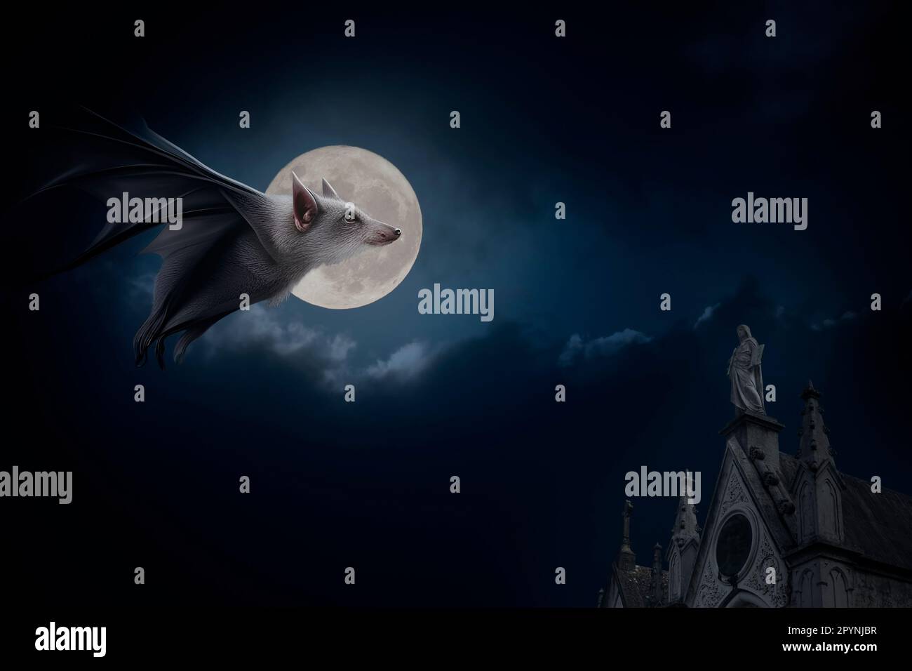 Full moon night creeoy background with bat and cemetery Stock Photo - Alamy