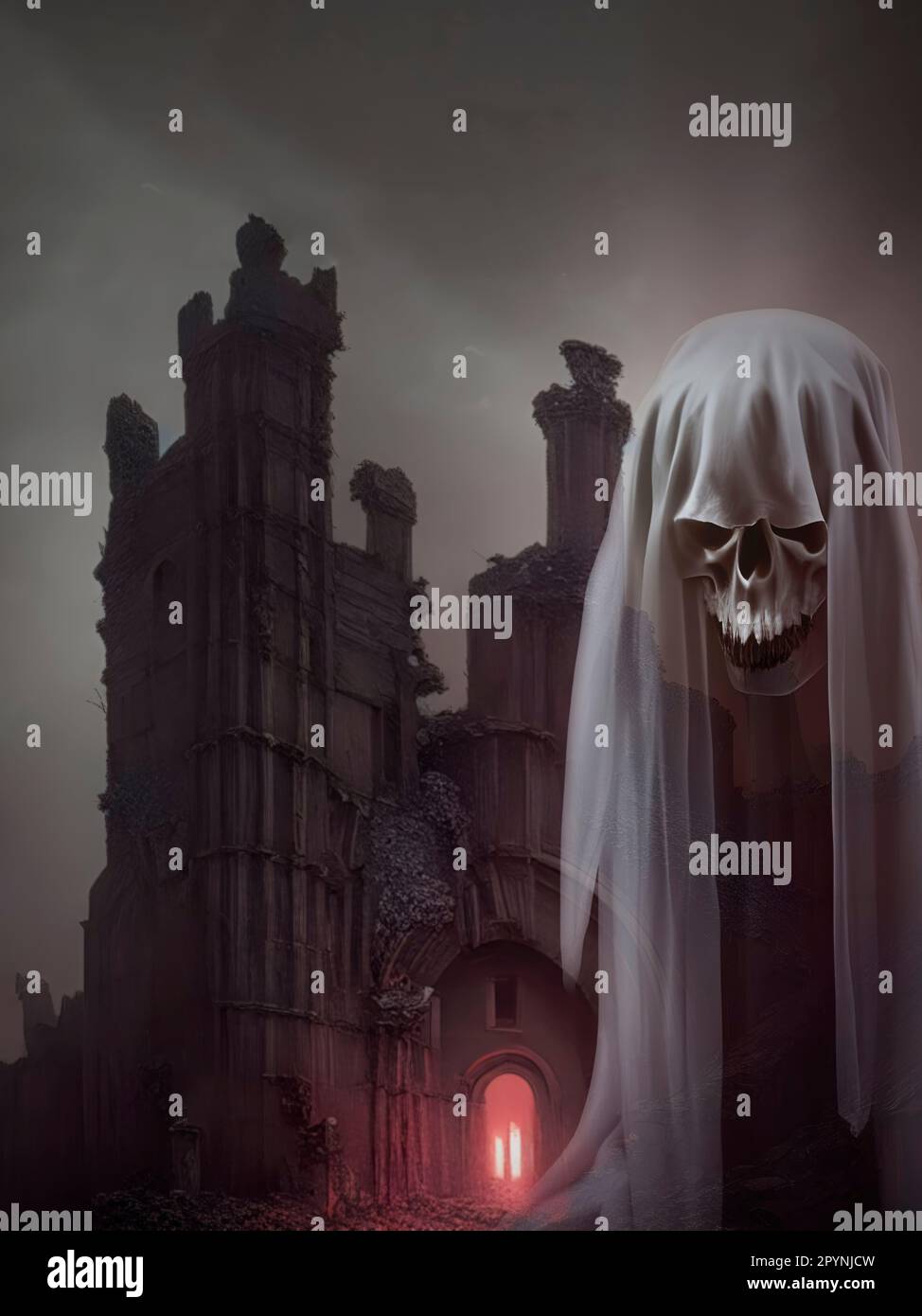 Dark and creepy halloween background with ruin of a castle and a spooky ...