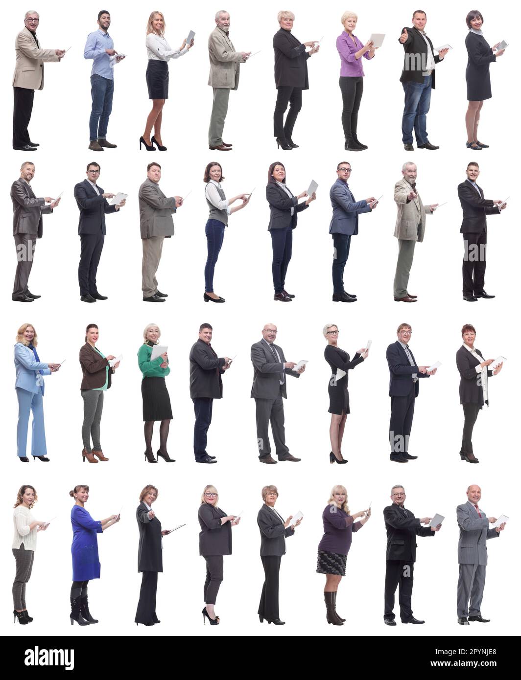 group of people demonstrating tablet looking at camera Stock Photo - Alamy