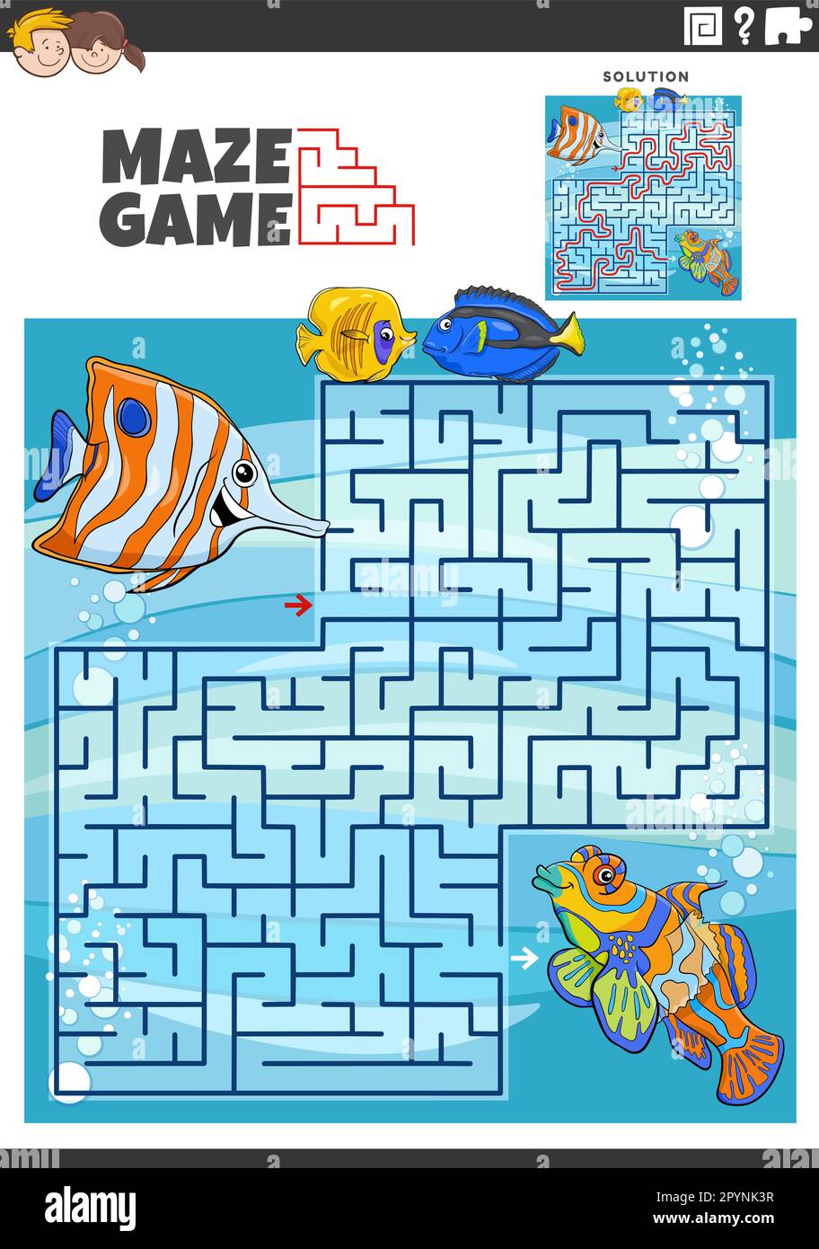 Cartoon illustration of educational maze puzzle activity for children ...