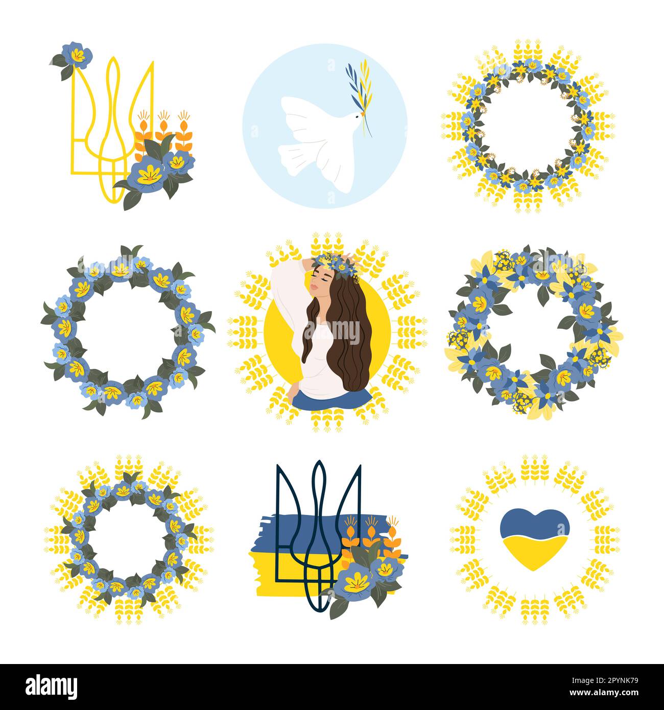 Vector set of elements with Ukrainian symbols, a dove of peace, a coat ...