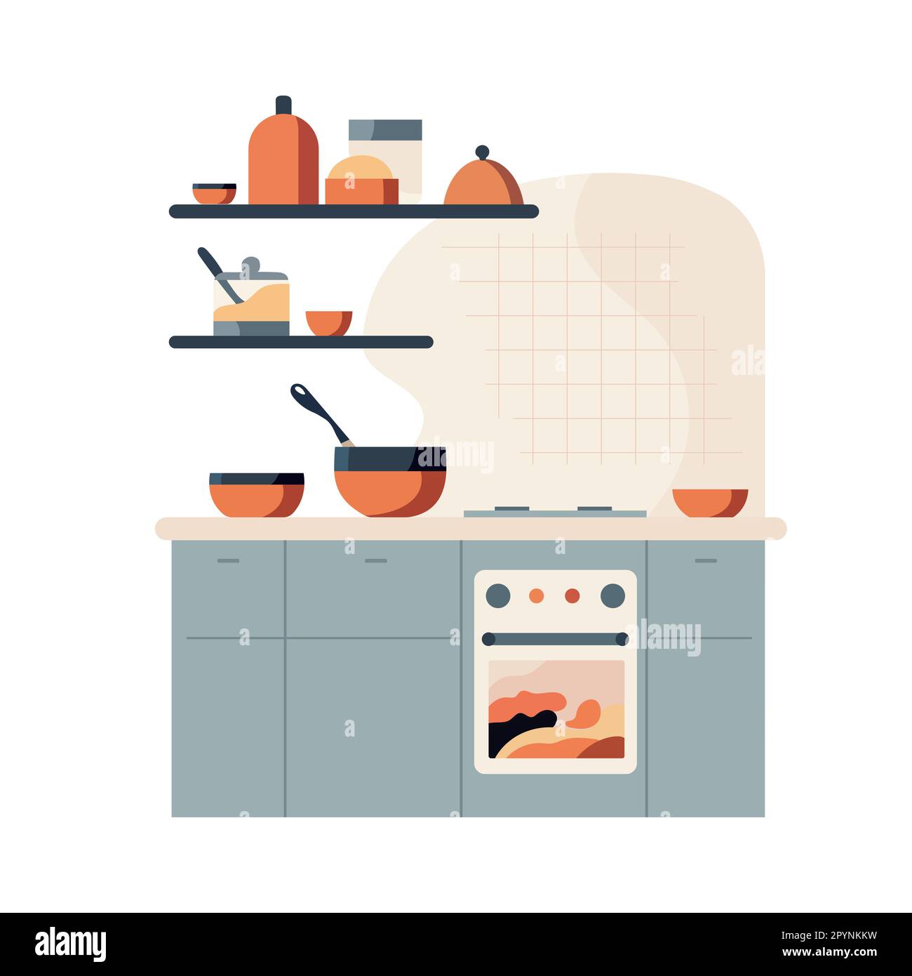 Simple kitchen interior. Cartoon cookware and household. Modern decor ...