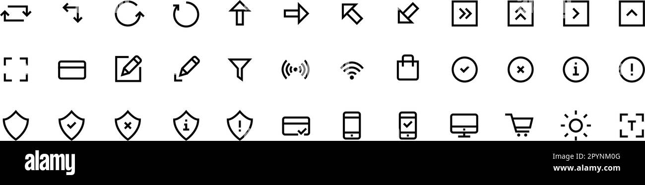 Simple minimalistic ui icons. Website navigation line symbols. Arrow, card, security. Pixel ...