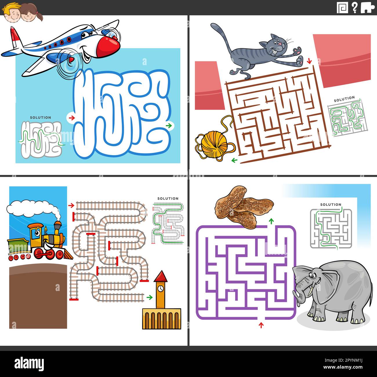 Cartoon illustration of educational maze puzzle games set with comic ...