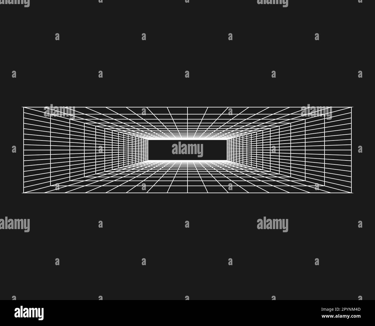Cyber grid, retro punk perspective rectangular tunnel. Grid tunnel geometry on black background ...