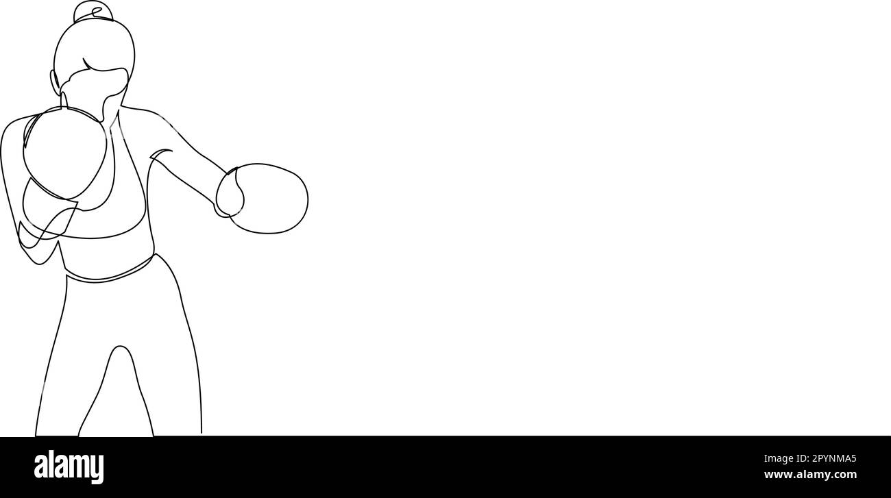 Continuous One Line Drawing Of Sporty Boxer Woman Punching Use Gloves