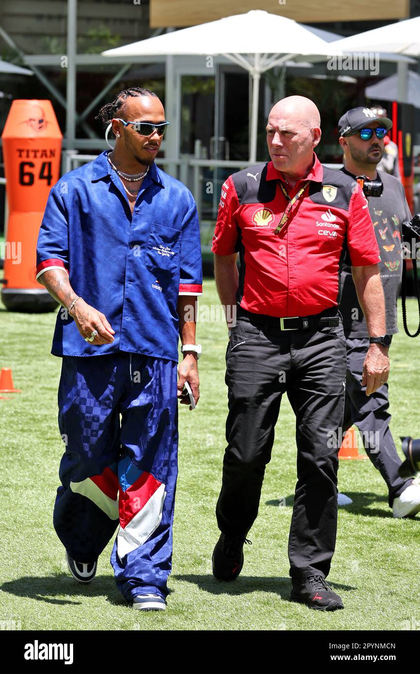 Miami, USA. 04th May, 2023. (L to R): Lewis Hamilton (GBR) Mercedes AMG F1 with Jock Clear (GBR ...