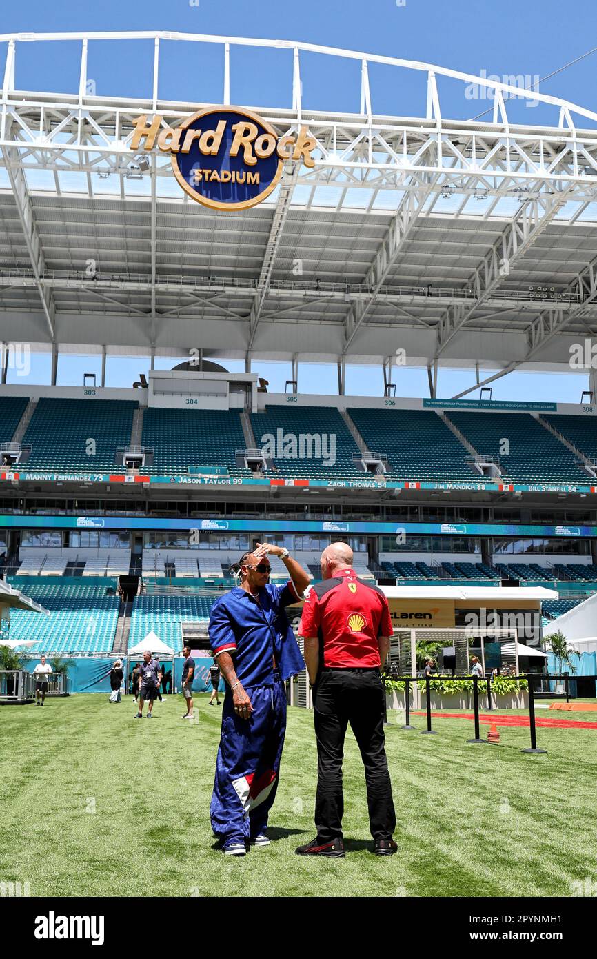 Miami, USA. 04th May, 2023. (L to R): Lewis Hamilton (GBR) Mercedes AMG F1 with Jock Clear (GBR ...