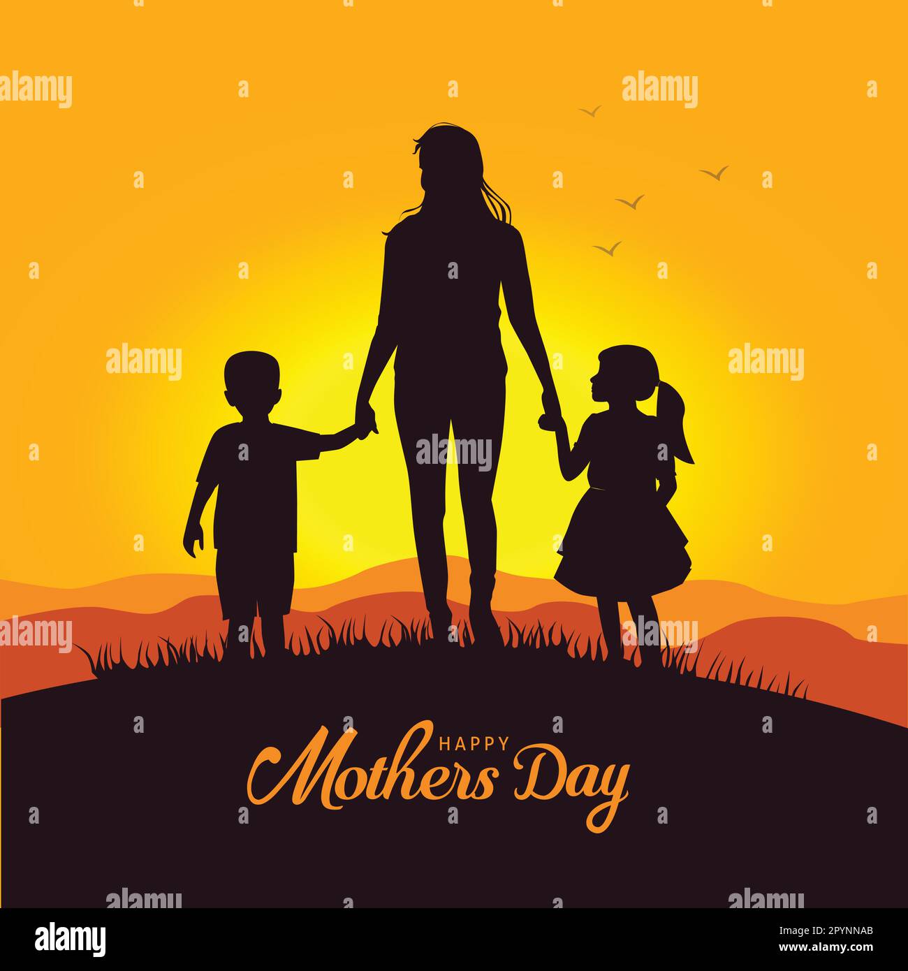 Happy mothers day with mom and children walking back view. vector ...