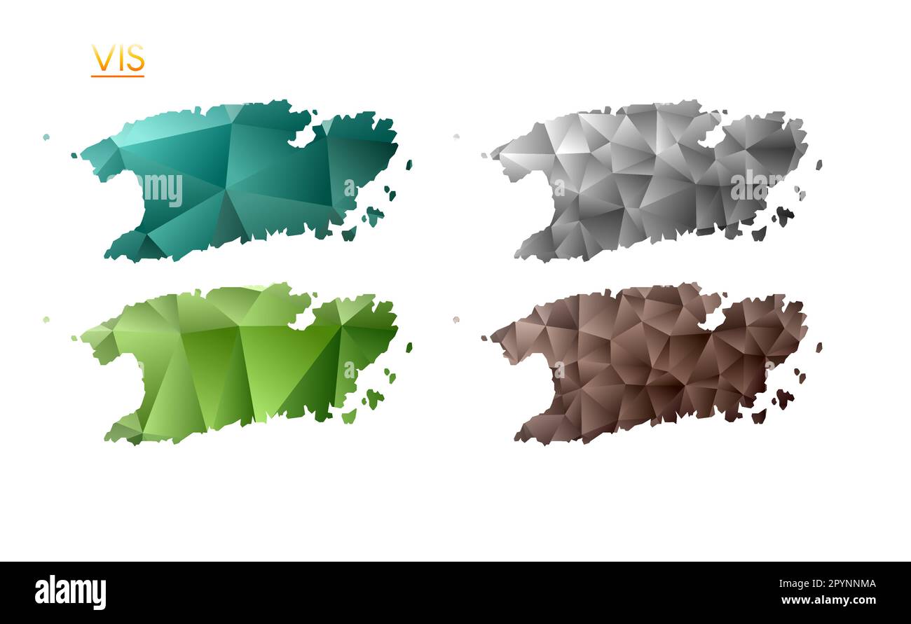Set of vector polygonal maps of Vis. Bright gradient map of island in low poly style ...