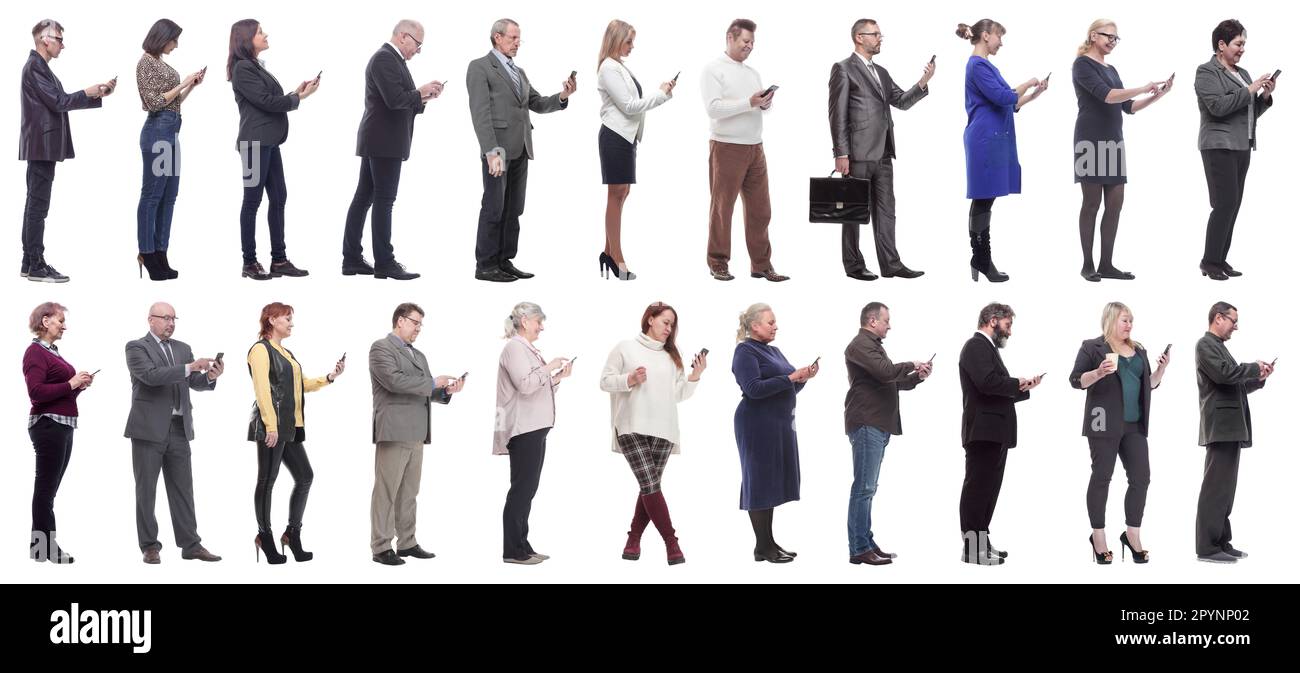 group of people profile holding phone in hand isolated Stock Photo - Alamy