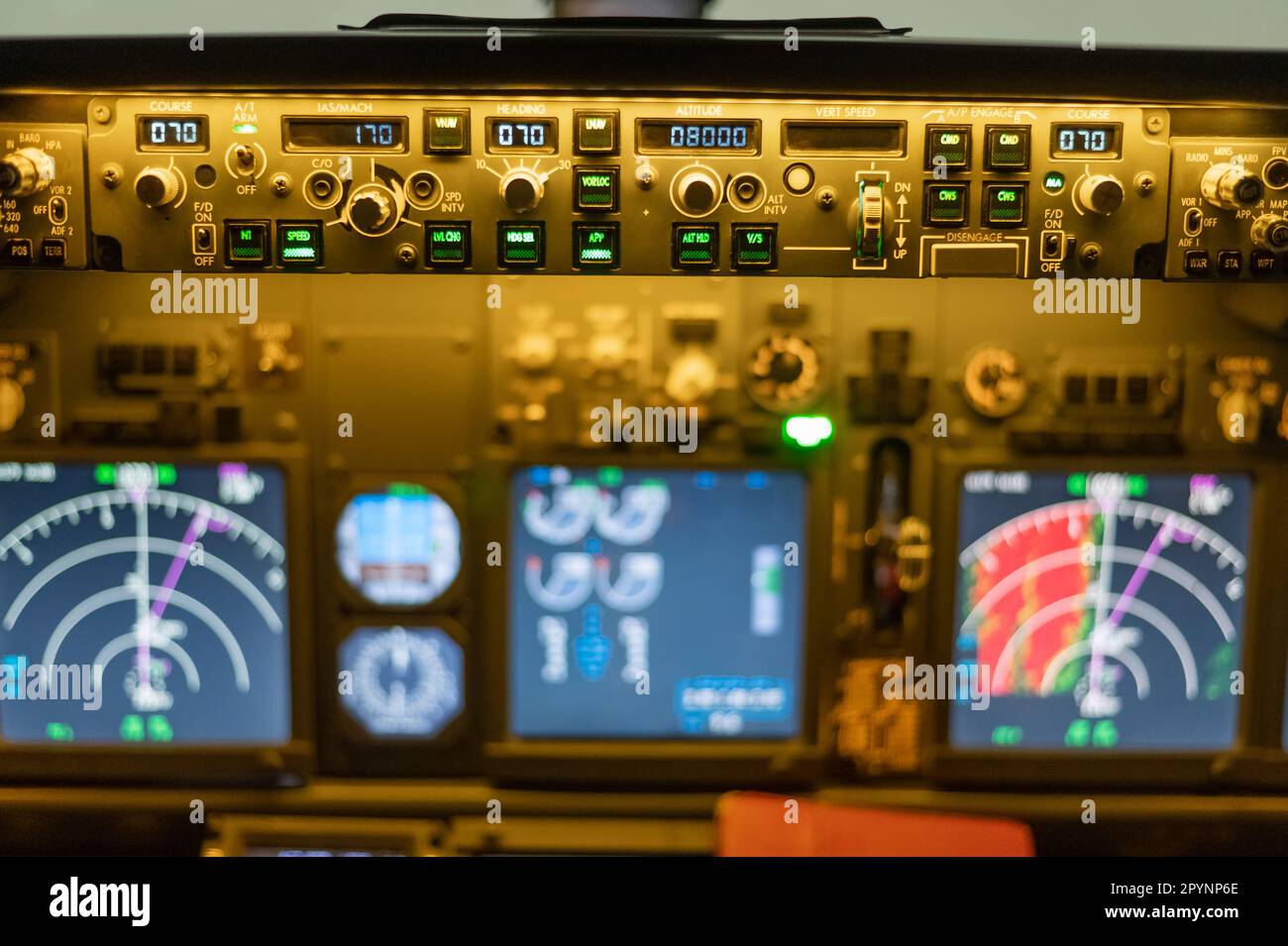 General view of the empty cockpit cockpit. Commercial flight simulator ...