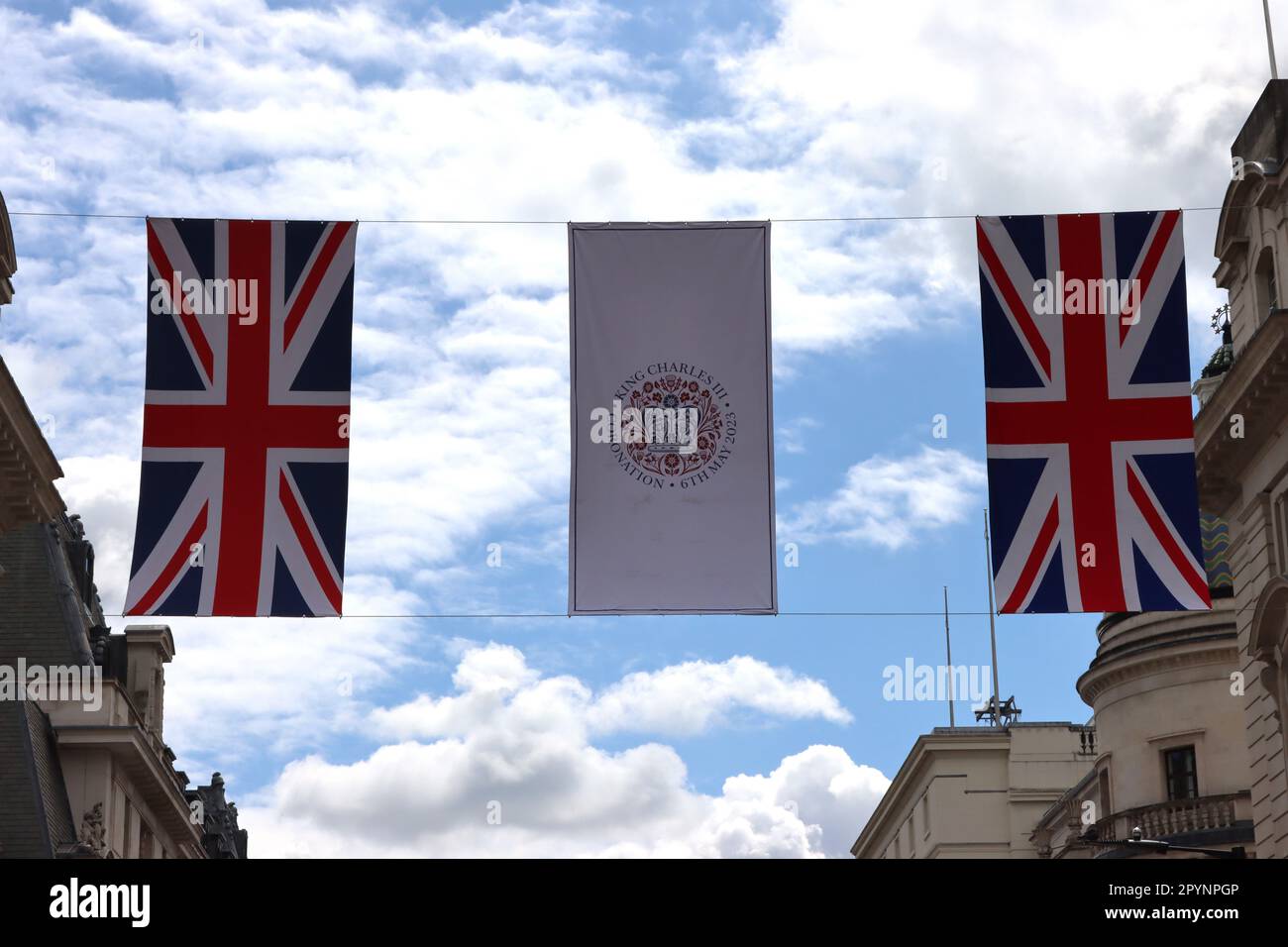Flag decorations in London for King Charles III coronation Stock Photo ...
