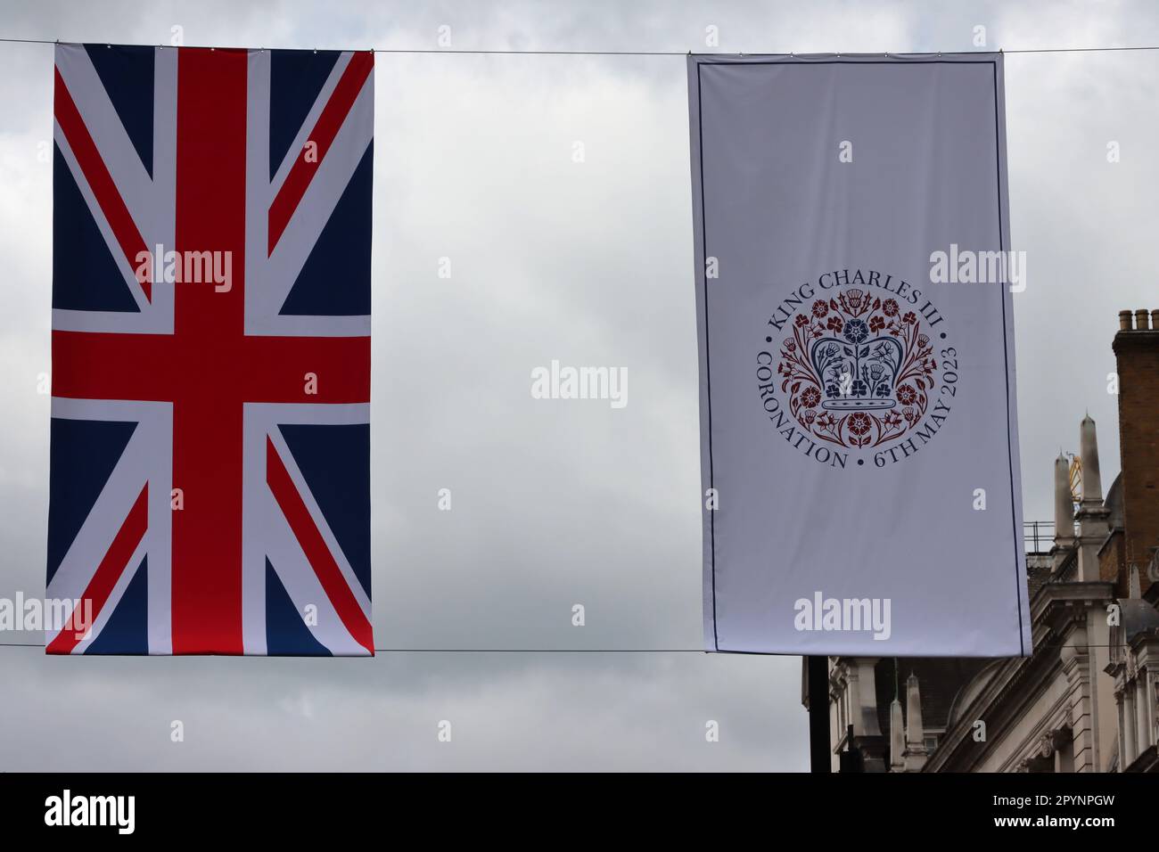 Flag decorations in London for King Charles III coronation Stock Photo ...
