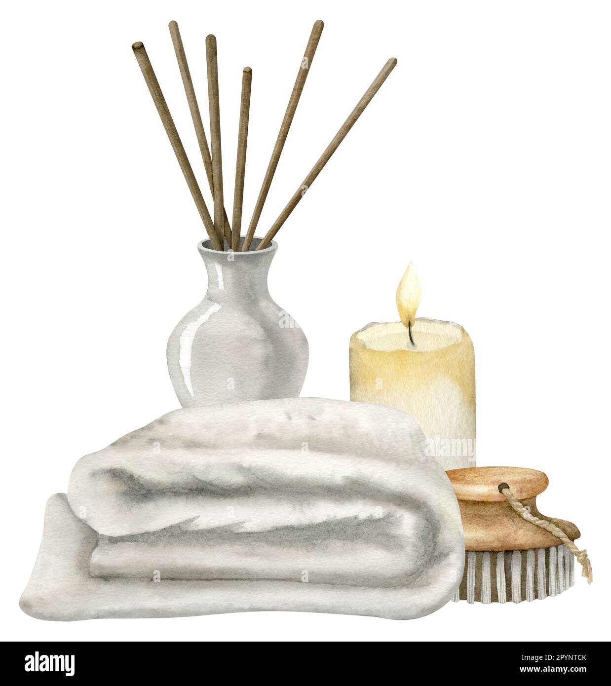 Spa cosmetic with towel and diffuser. Hand drawn watercolor ...