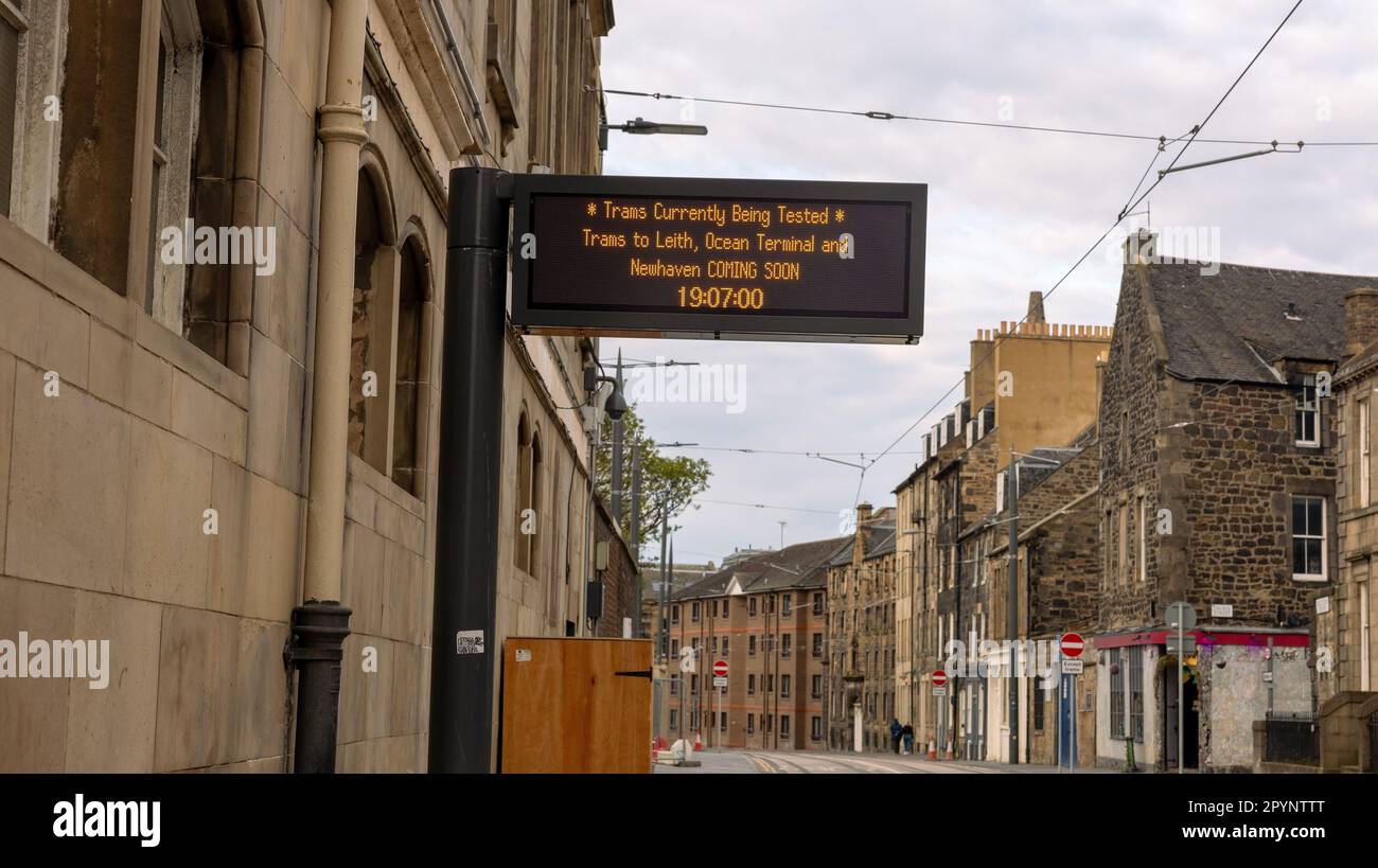 Tram stop sign informing about the testing of the line and driver ...