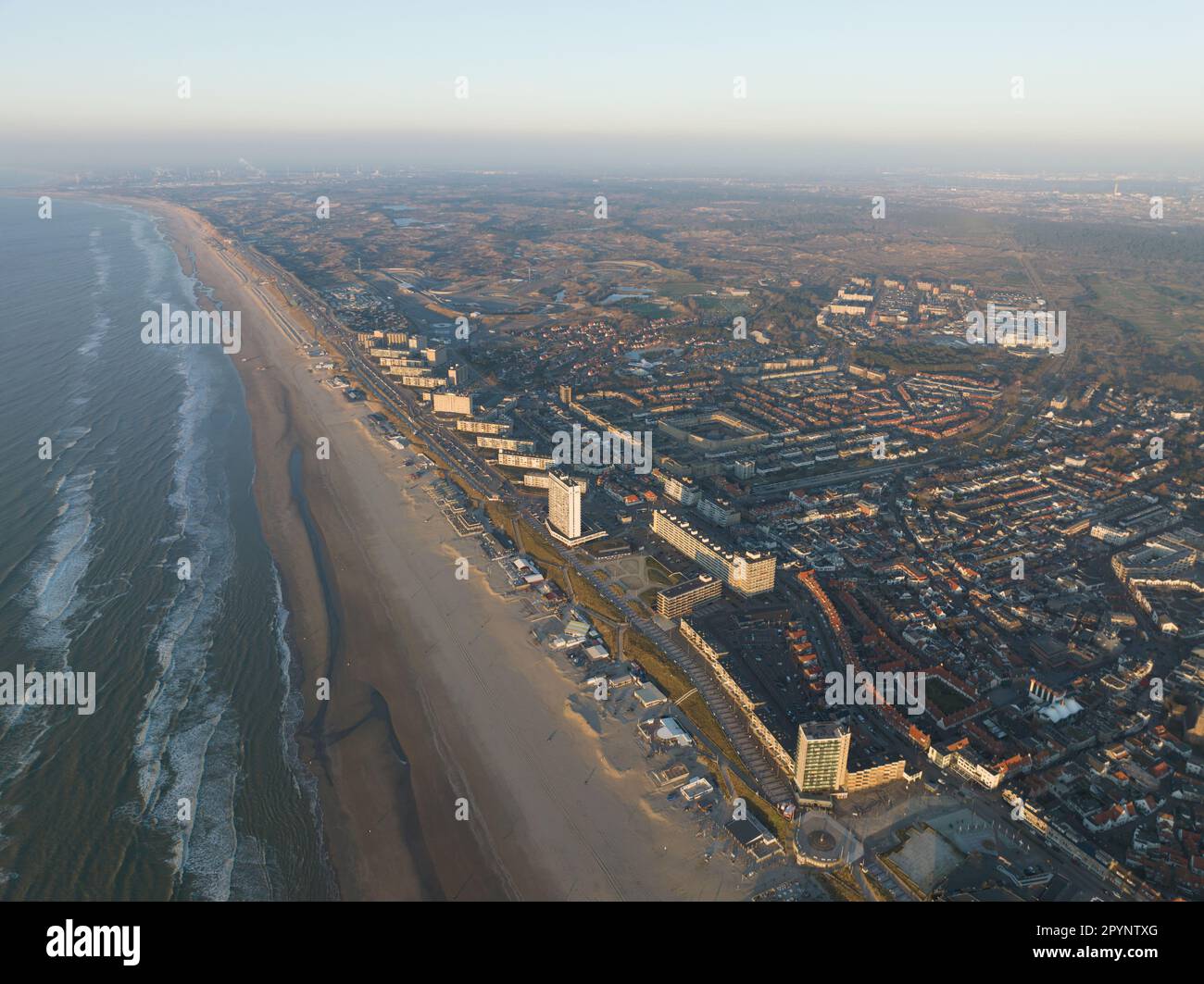 A captivating aerial view of the Zandvoort coast at sunset ...
