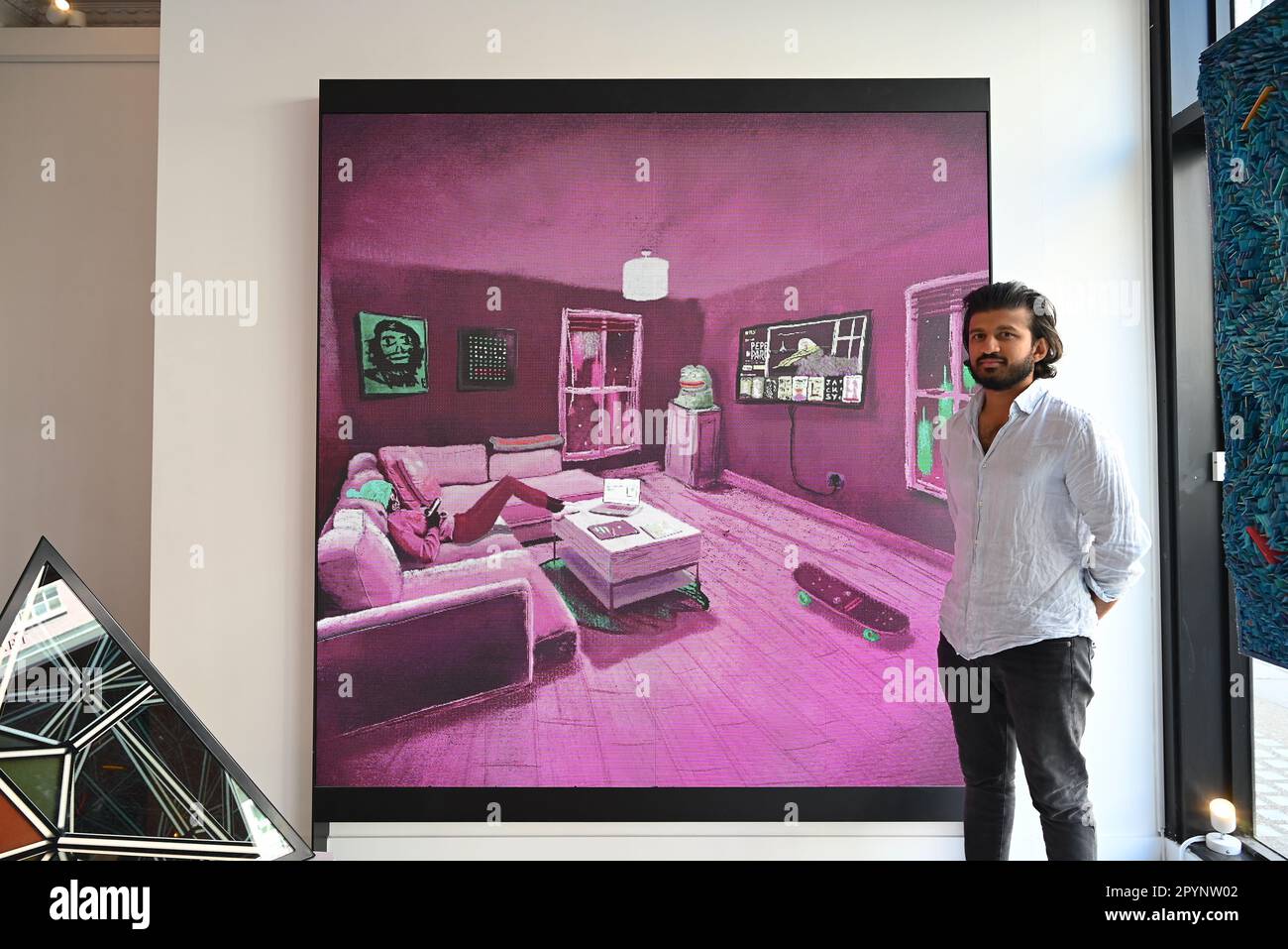 Digital Artist OSF in front of his work OSF Superfan at HOFA GALLERY ...