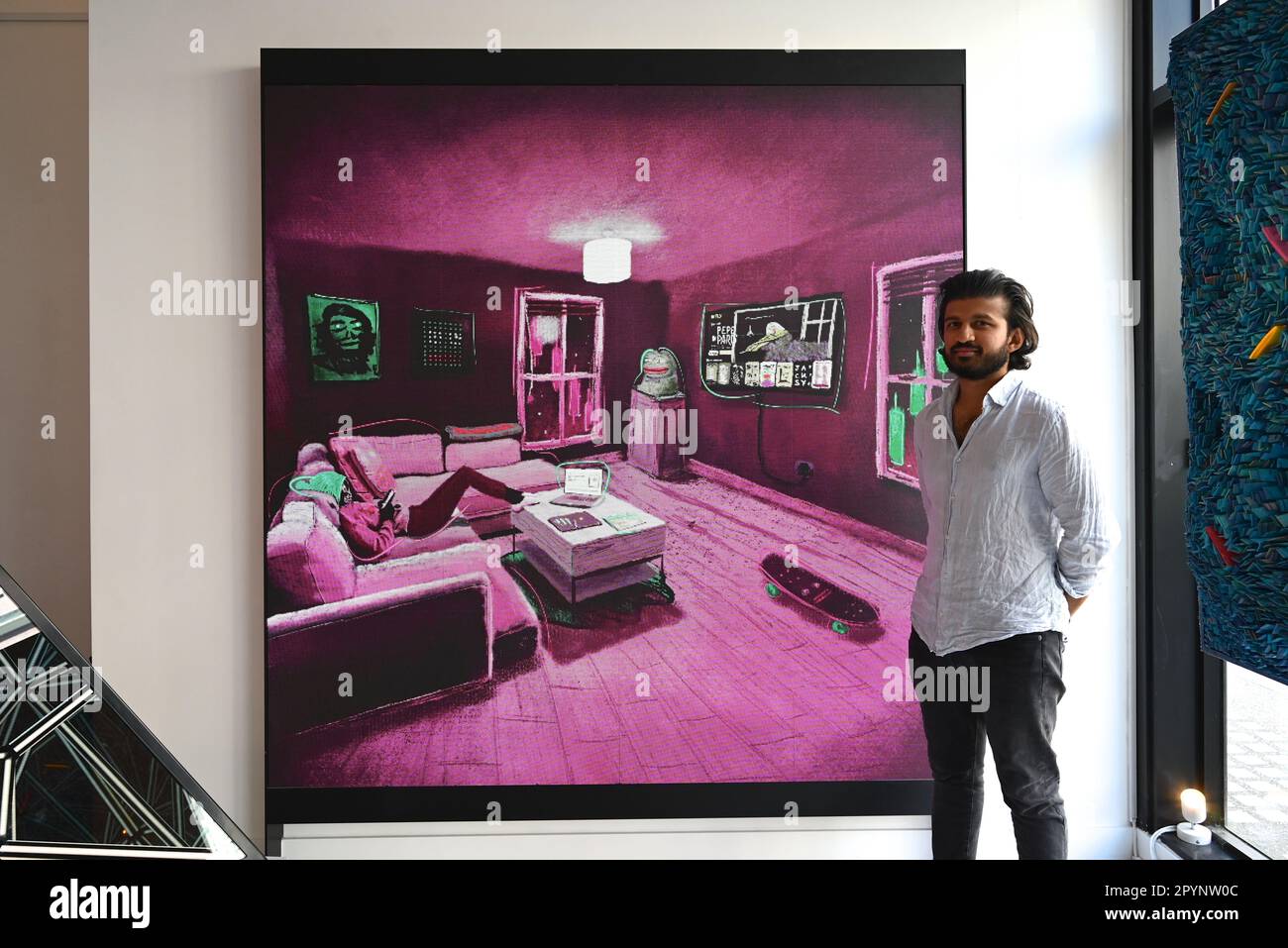 Digital Artist OSF in front of his work OSF Superfan at HOFA GALLERY ...