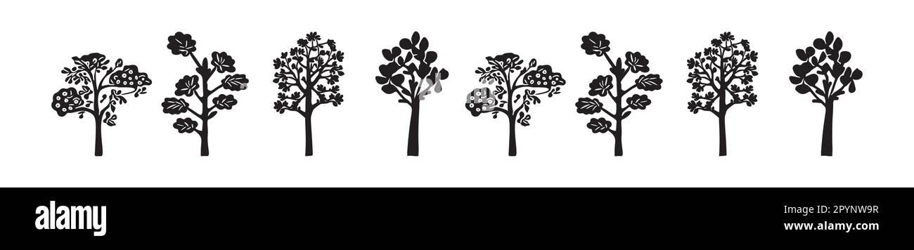 Quirky woodland tree scandi linocut vector border. Washi tape design in ...