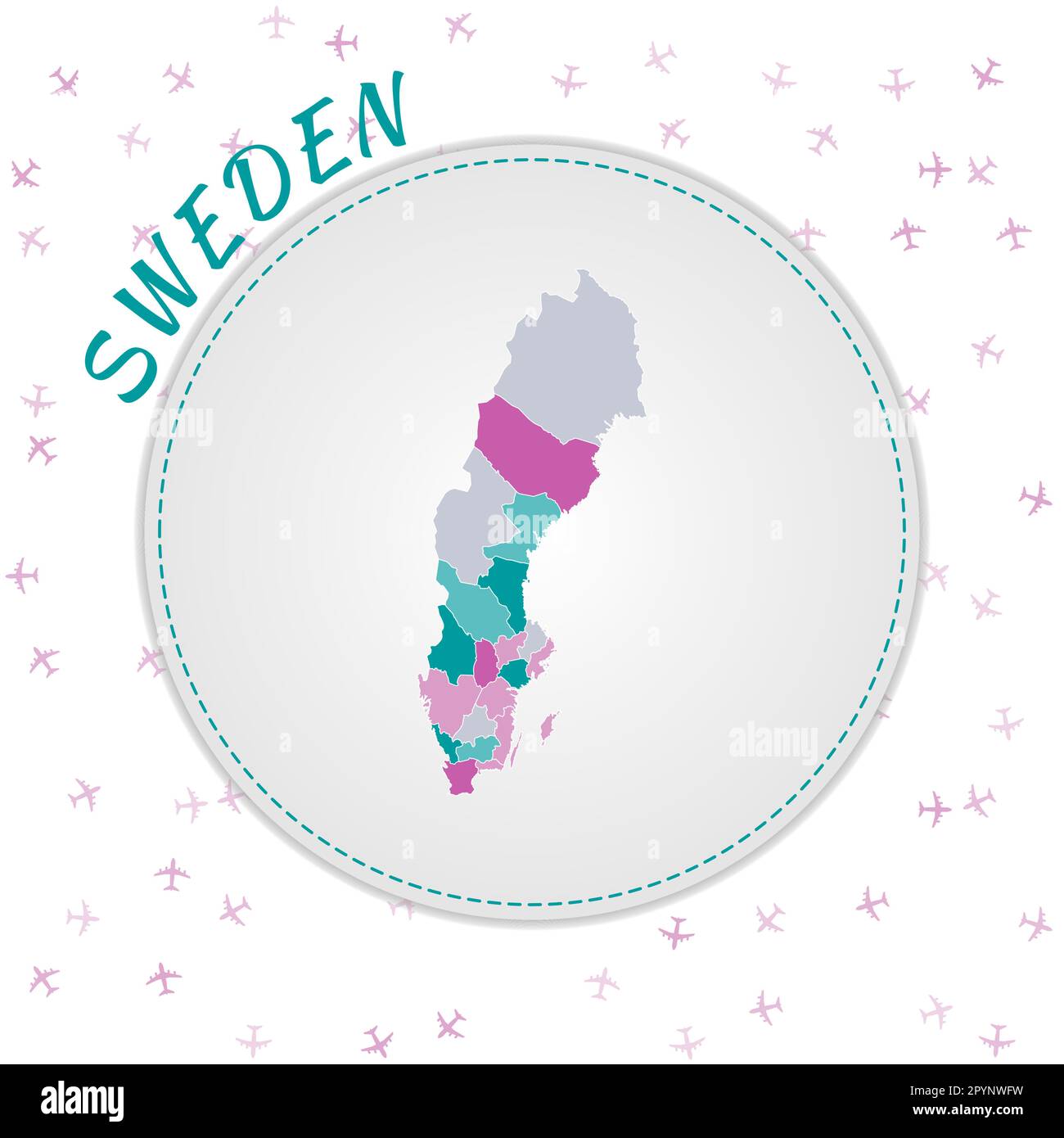 Sweden map design. Map of the country with regions in emerald-amethyst ...