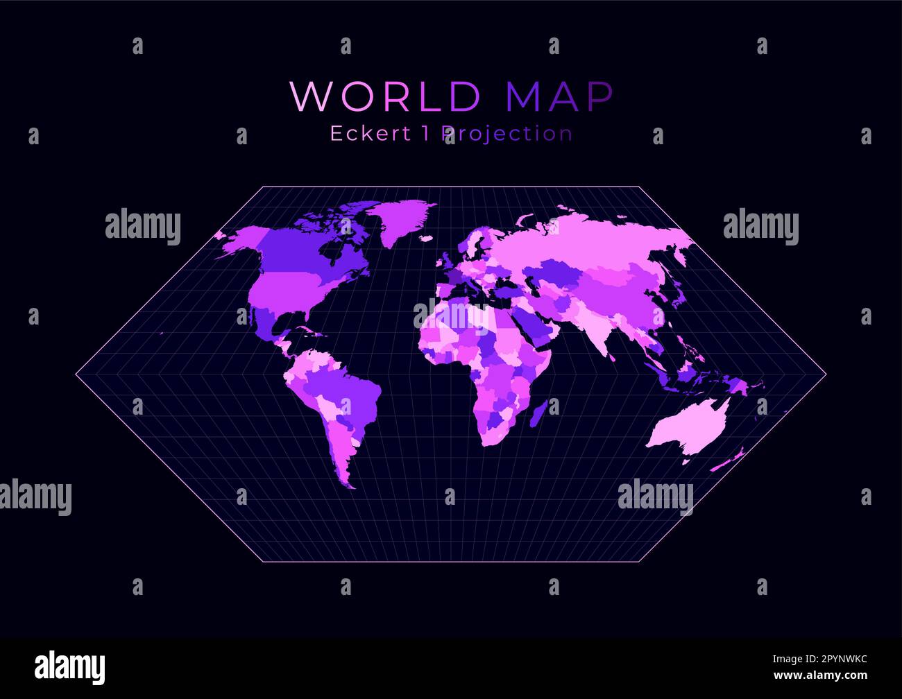 World Map. Eckert I Projection. Digital world illustration. Bright pink ...