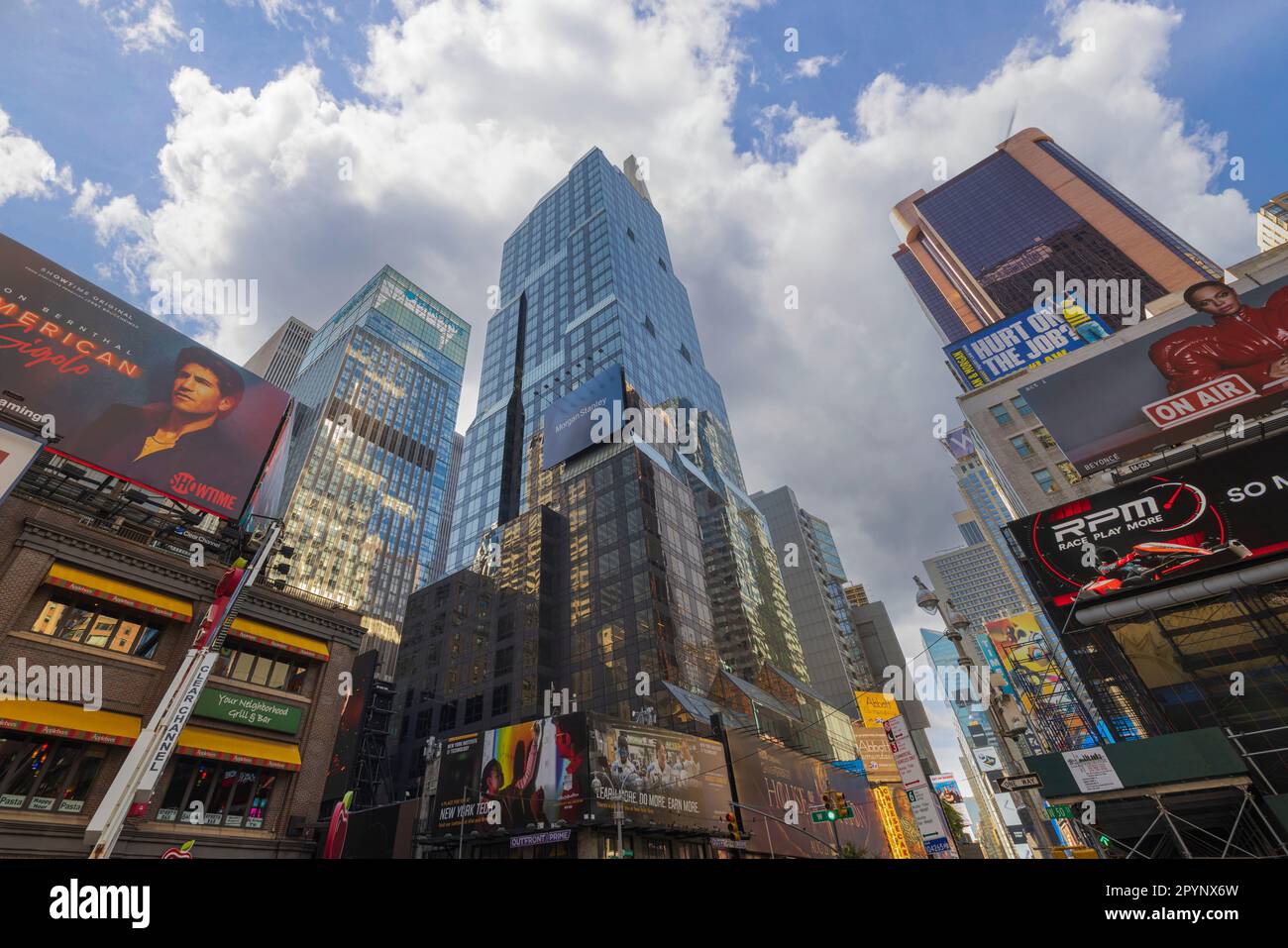 Beautiful view of skyscrapers of Manhattan in New York with advertising ...