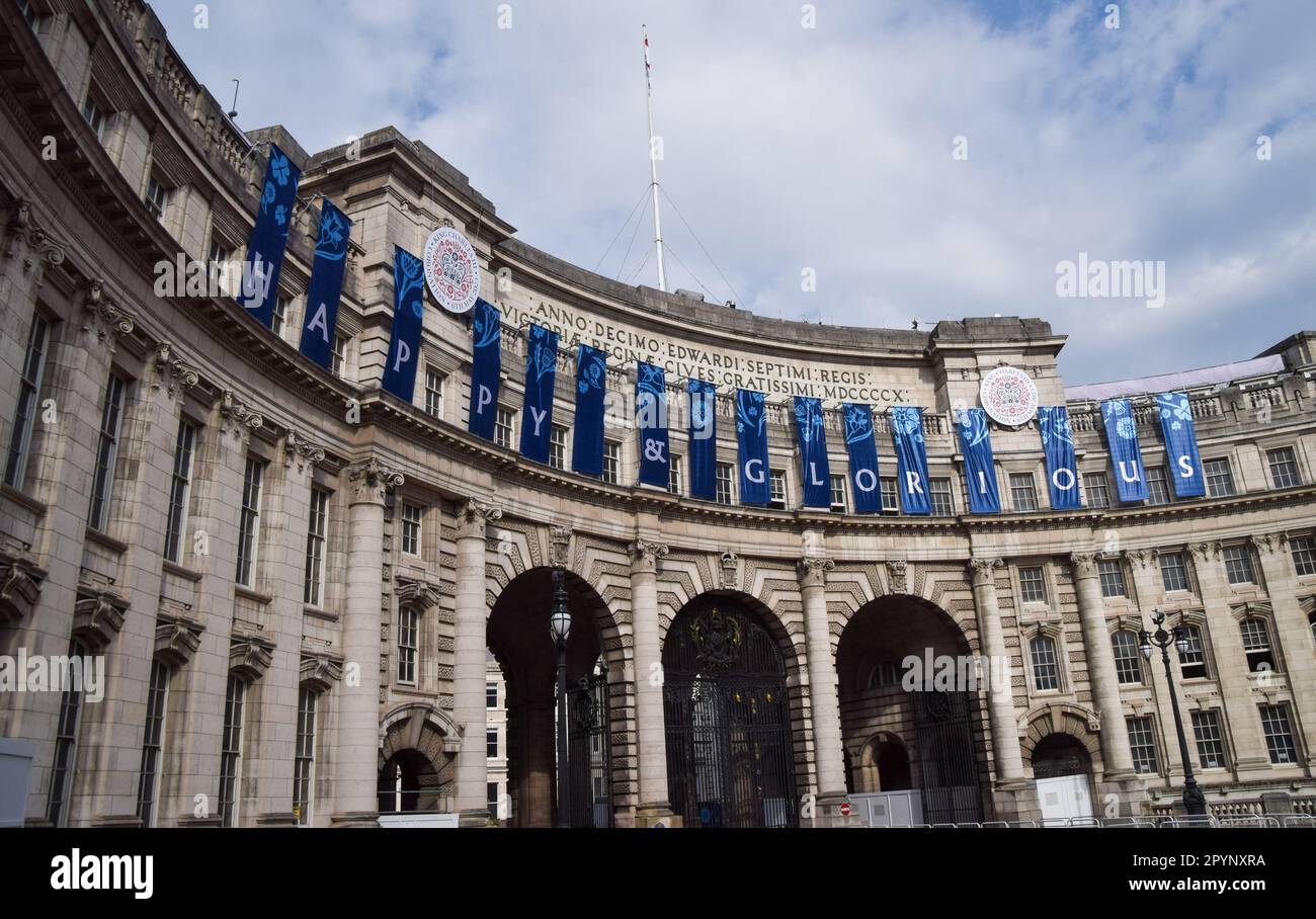 London, UK. 4th May 2023. Banners spelling out 'Happy and Glorious' and ...