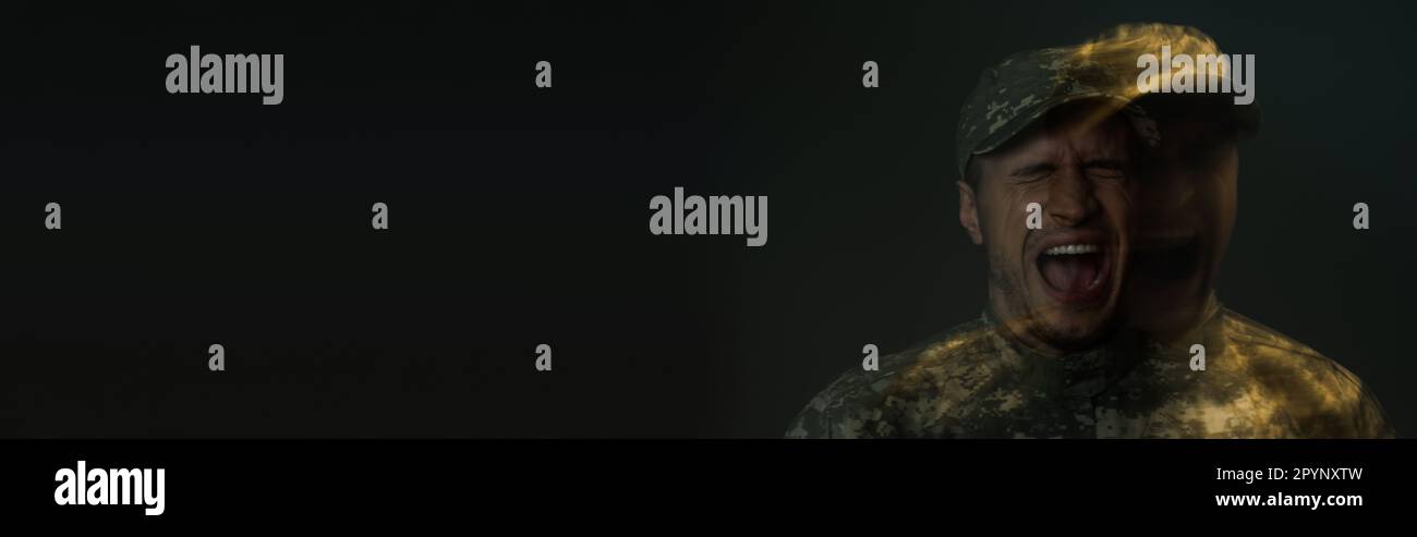 Double exposure of soldier in camouflage uniform screaming while ...