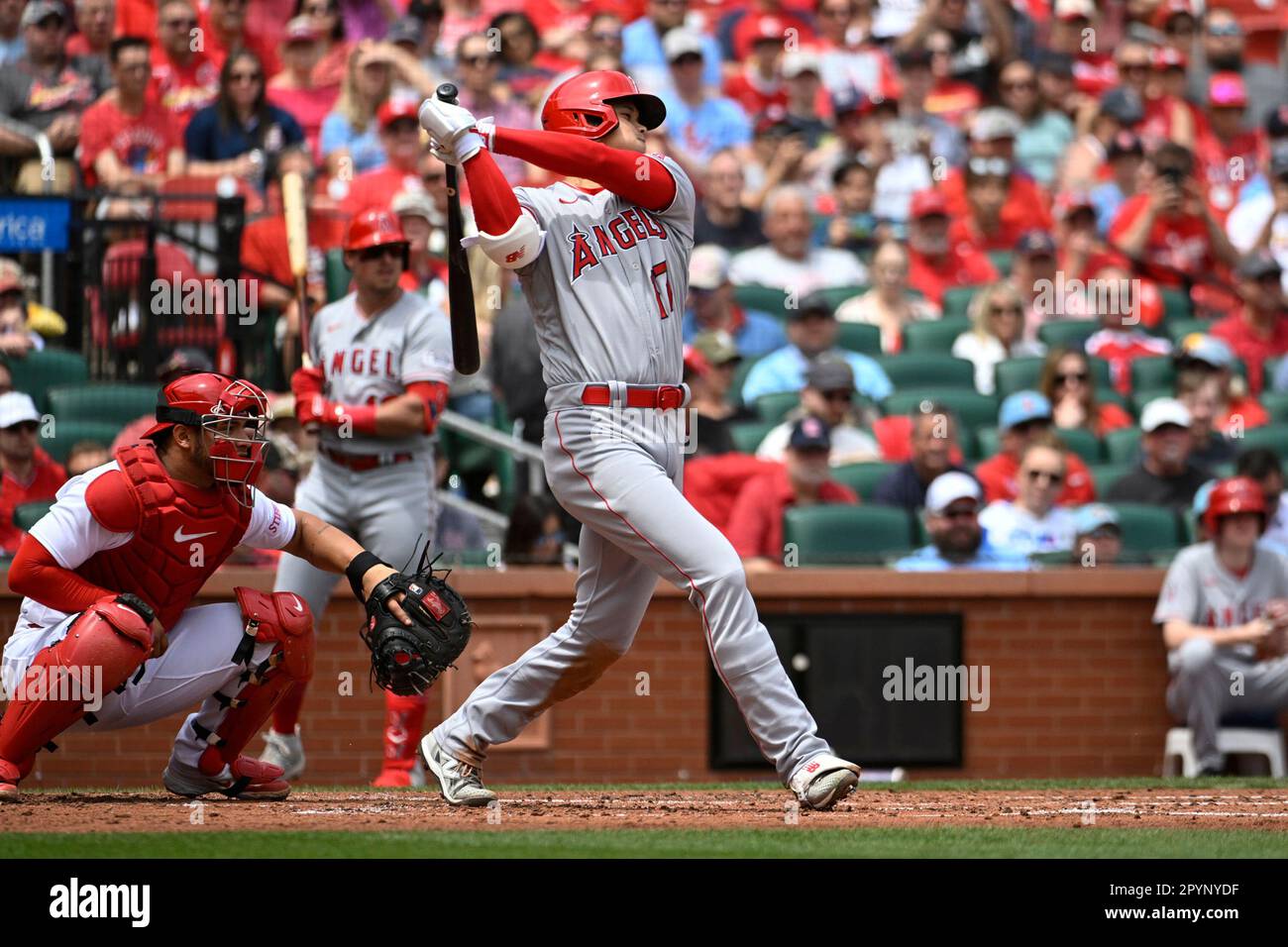 Los Angeles Angels' Shohei Ohtani hits a single in the third inning of ...
