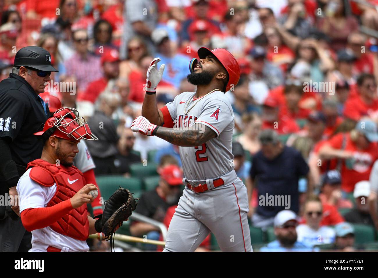 Los Angeles Angels' Luis Rengifo (2) reacts after hitting a three-run ...