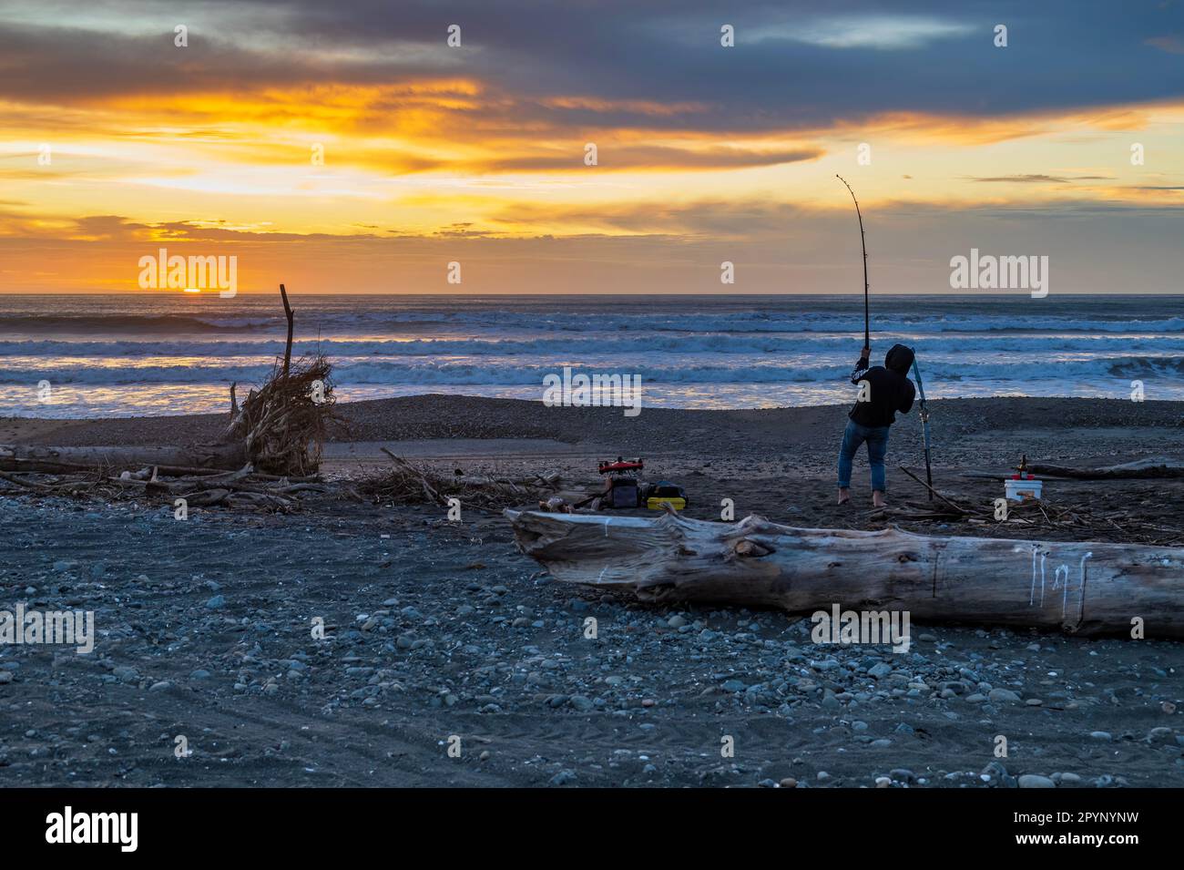 Otaki Beach, Wellington, New Zealand. May 2 2023. A man is drone ...