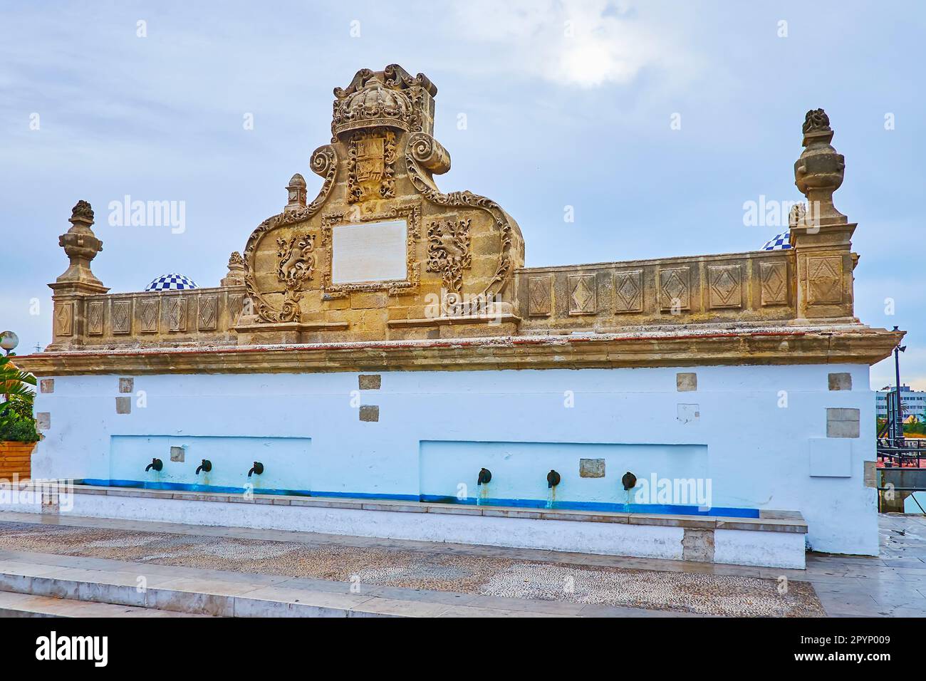 Historic stone Fuente de las Galeras fountain, located on Plaza de las ...