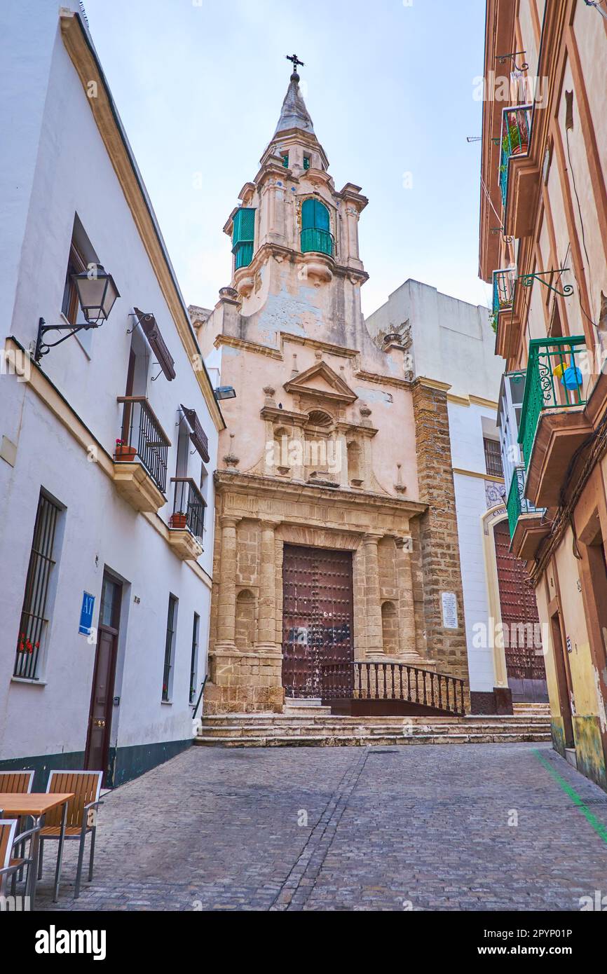 Santa Maria Street with Santa Maria Monastery in old Cadiz, Spain Stock ...