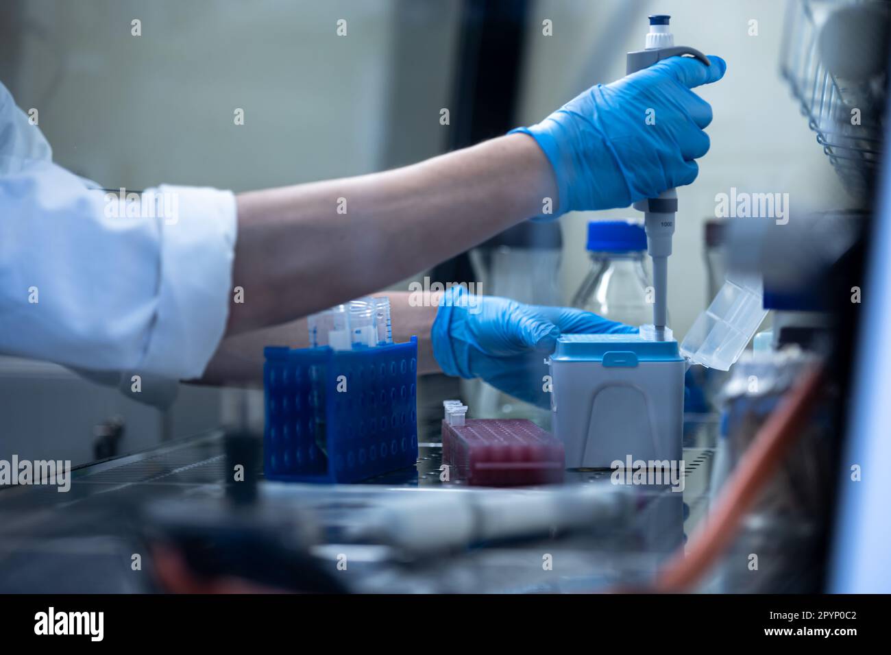 Female researcher carrying out research experiment in a chemistry lab ...