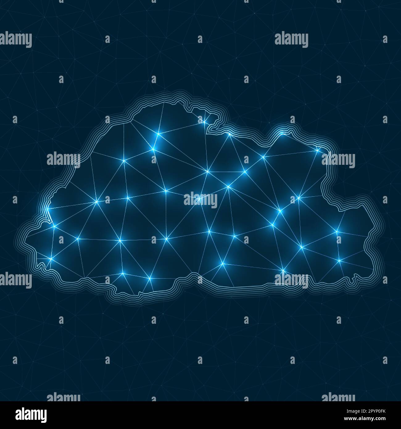 Bhutan network map. Abstract geometric map of the country. Digital connections and ...