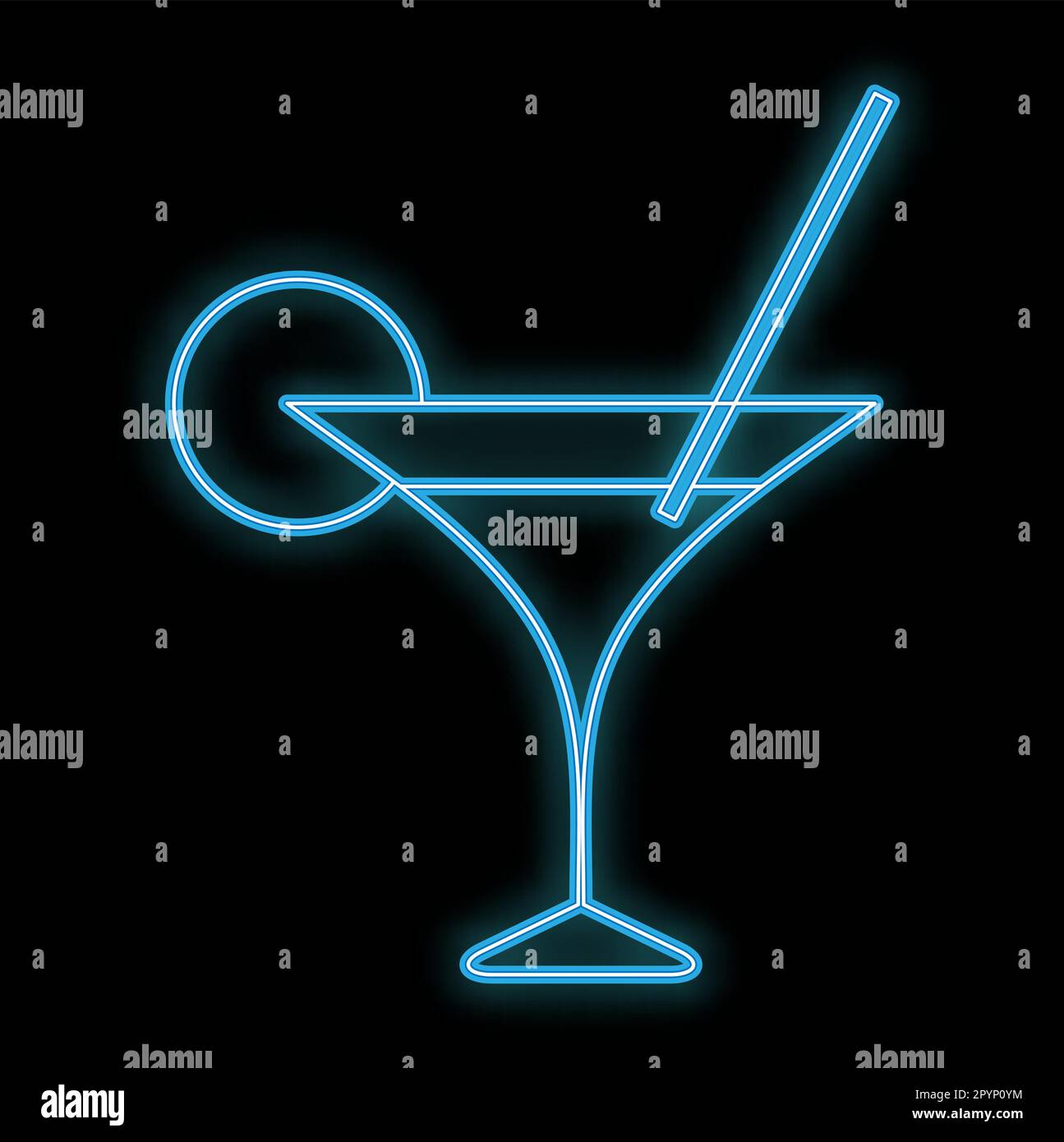 Beautiful abstract neon bright blue glowing icon of a glass on a thin ...