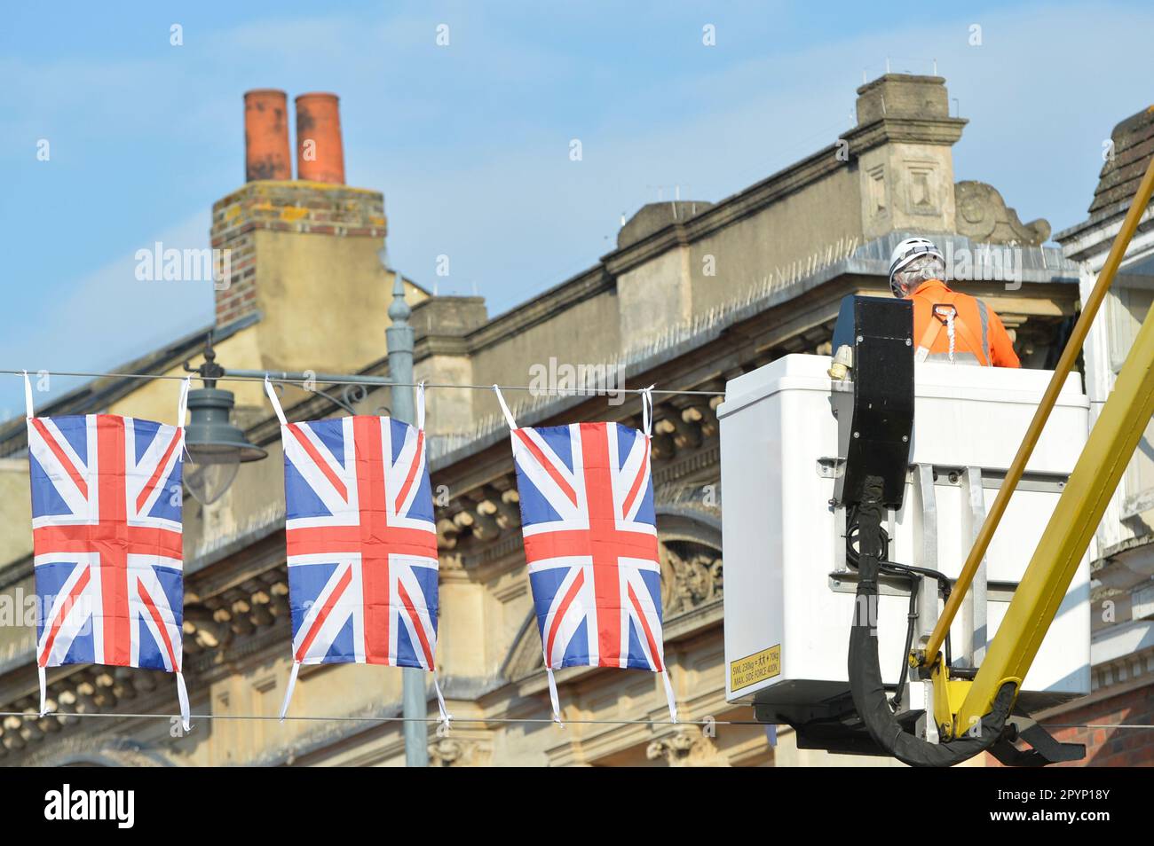 UK. 4th May 2023. British Union Jack flags are being hung across Fore ...